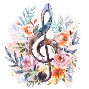 11 Floral Music Clef Clipart, Music Clipart, Printable Watercolor ...