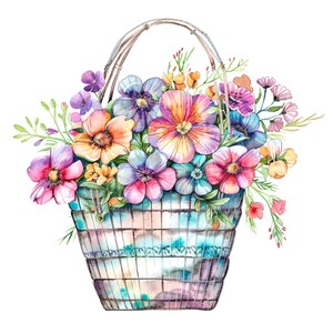 12 Floral Shopping Basket Clipart, Floral Basket, Printable Watercolor ...