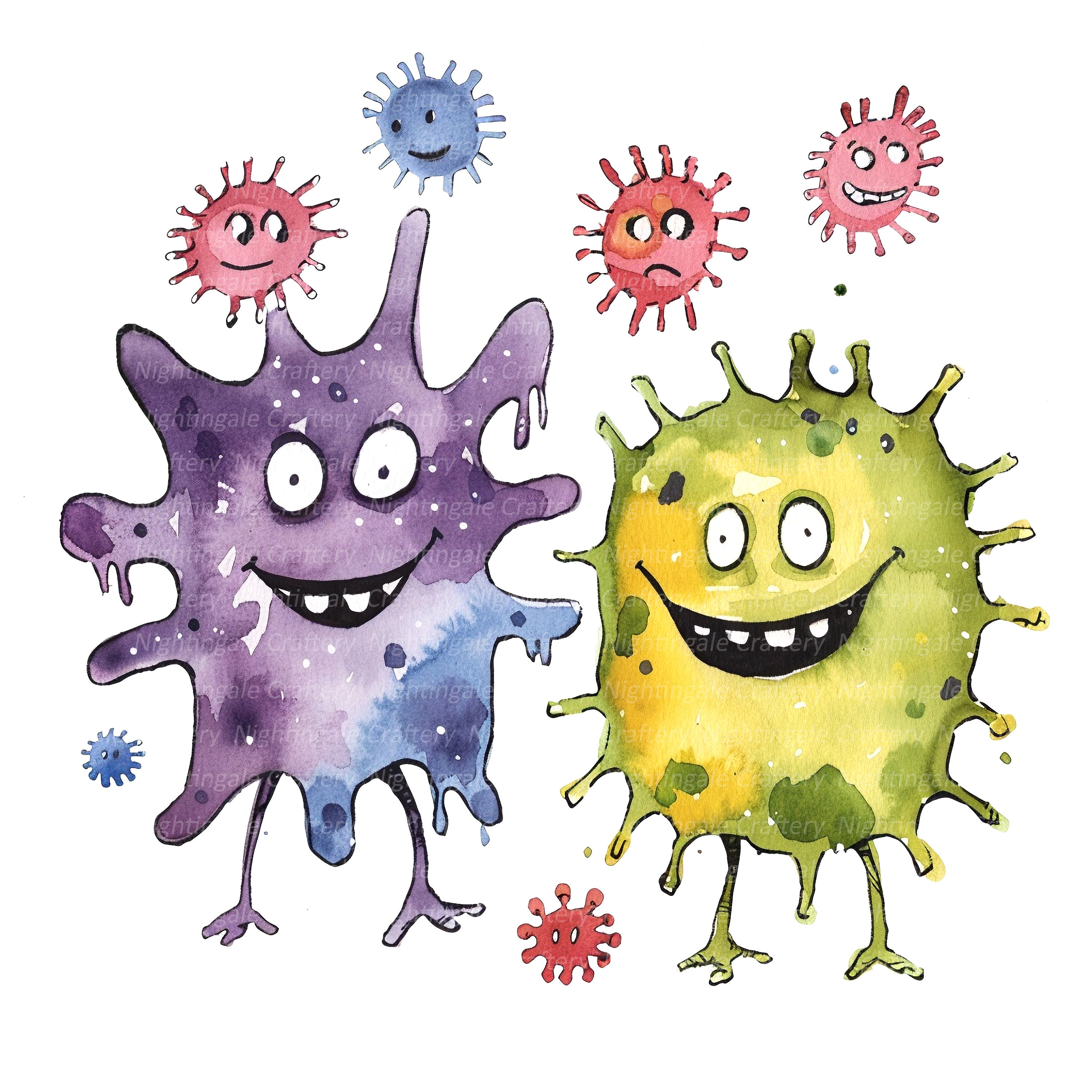 12 Cartoon Bacteria Clipart, Virus Clipart, Printable Watercolor ...