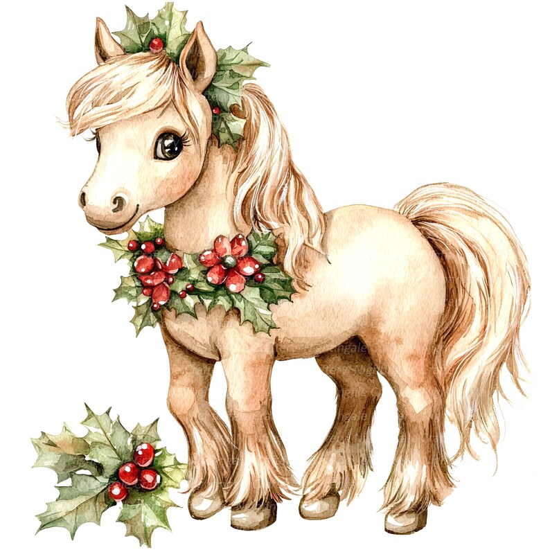 10 Christmas Pony Clipart 2, Christmas Card, Printable Watercolor ...