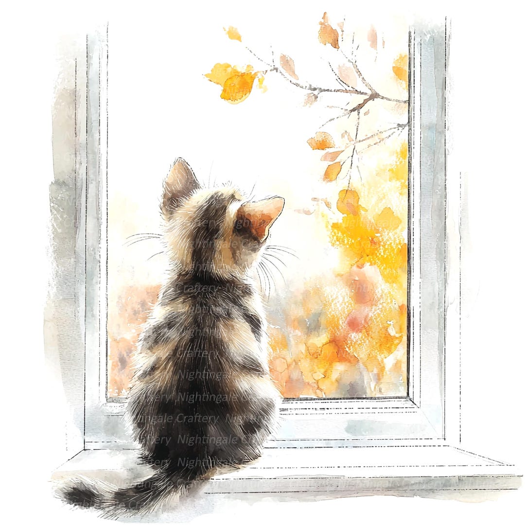 10 Kitten Window Clipart, Autumn Clipart, Printable Watercolor Clipart ...