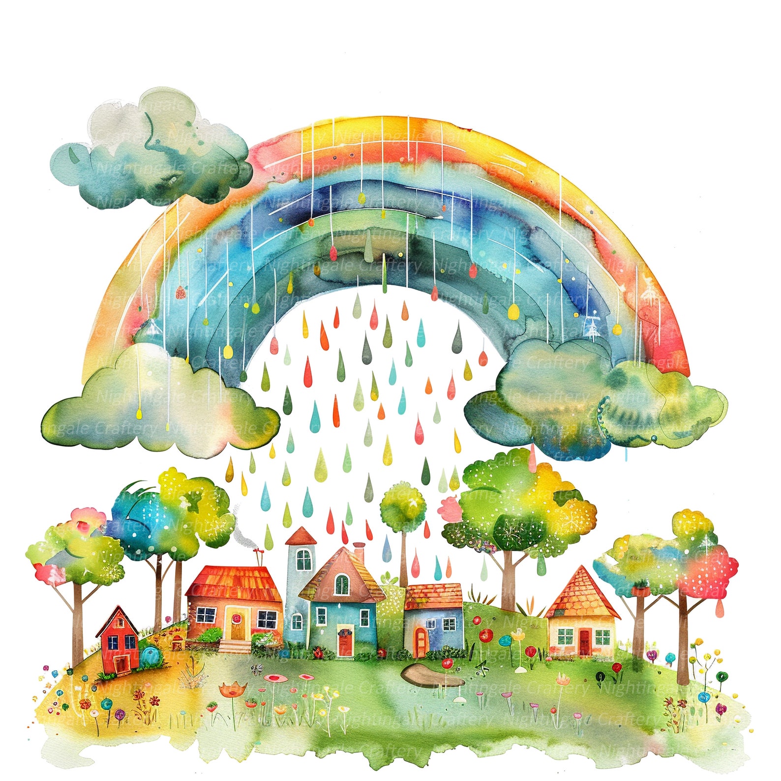 14 Cartoon Village Clipart, Rainbow Clipart, Nursery, Printable ...