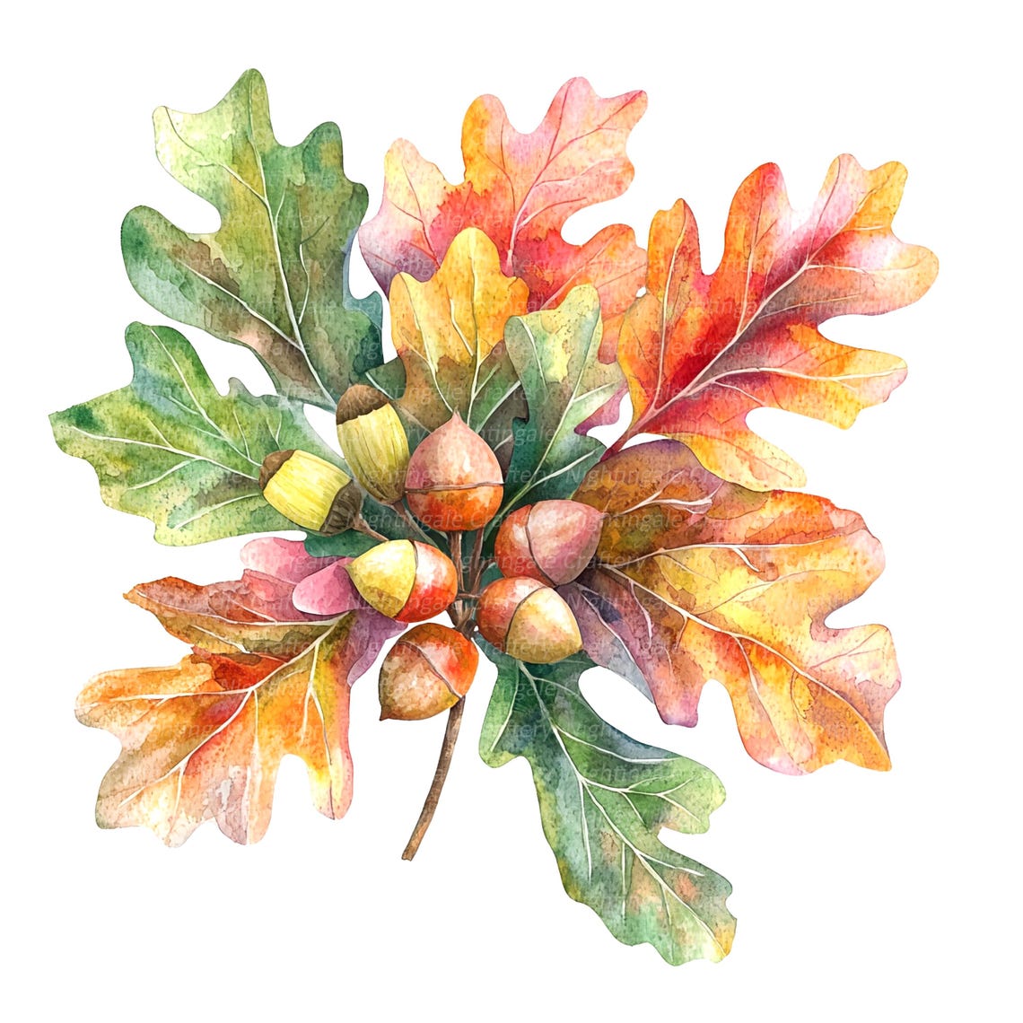 8 Oak Leaves Bouquet Clipart, Fall Leaves, Printable Watercolor Clipart ...