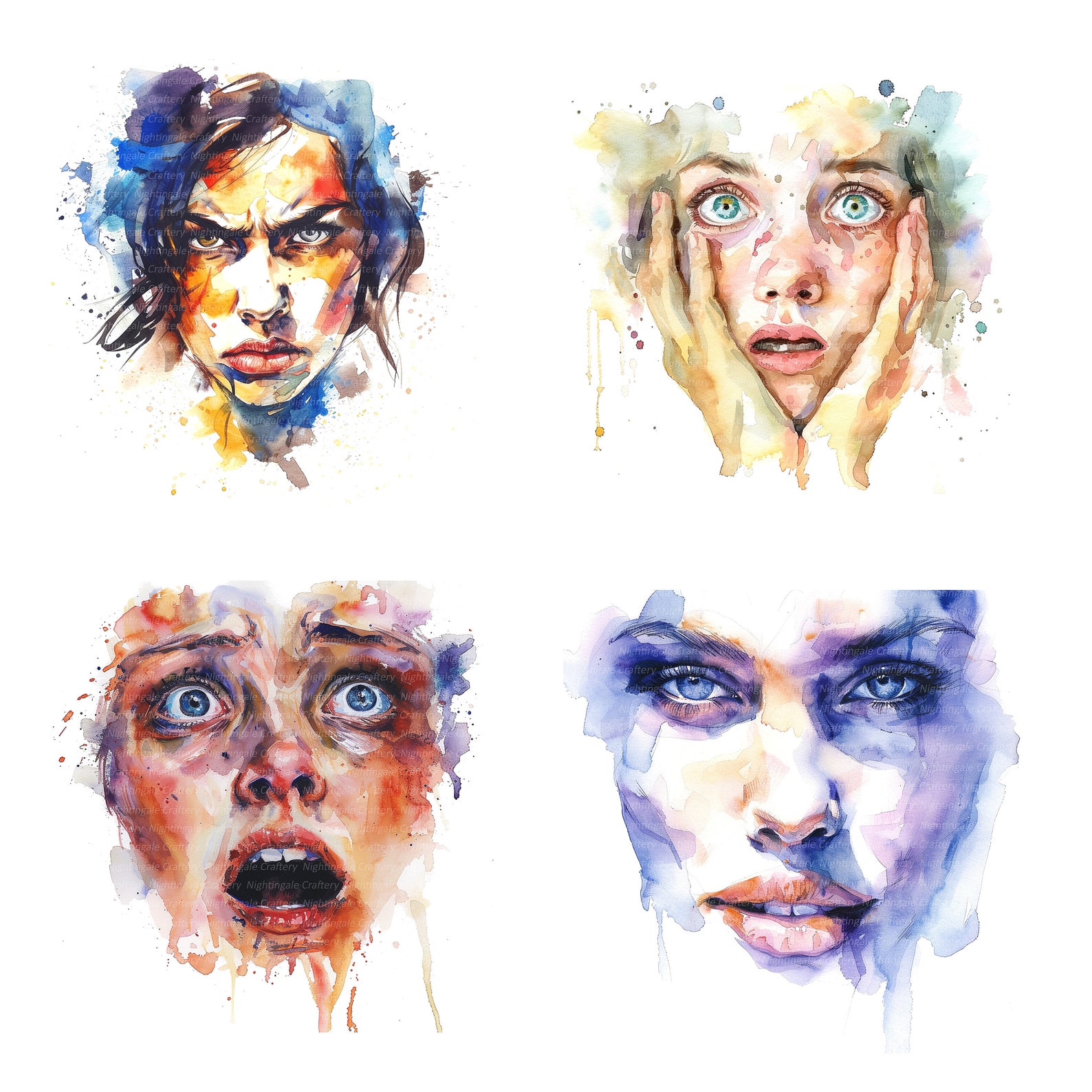 20 Woman Emotions Clipart, Woman Face Clipart, Printable Watercolor ...