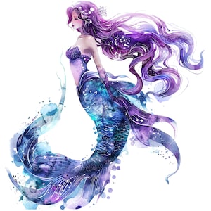 10 Purple Mermaid Clipart, Cartoon Mermaid, Printable Watercolor ...