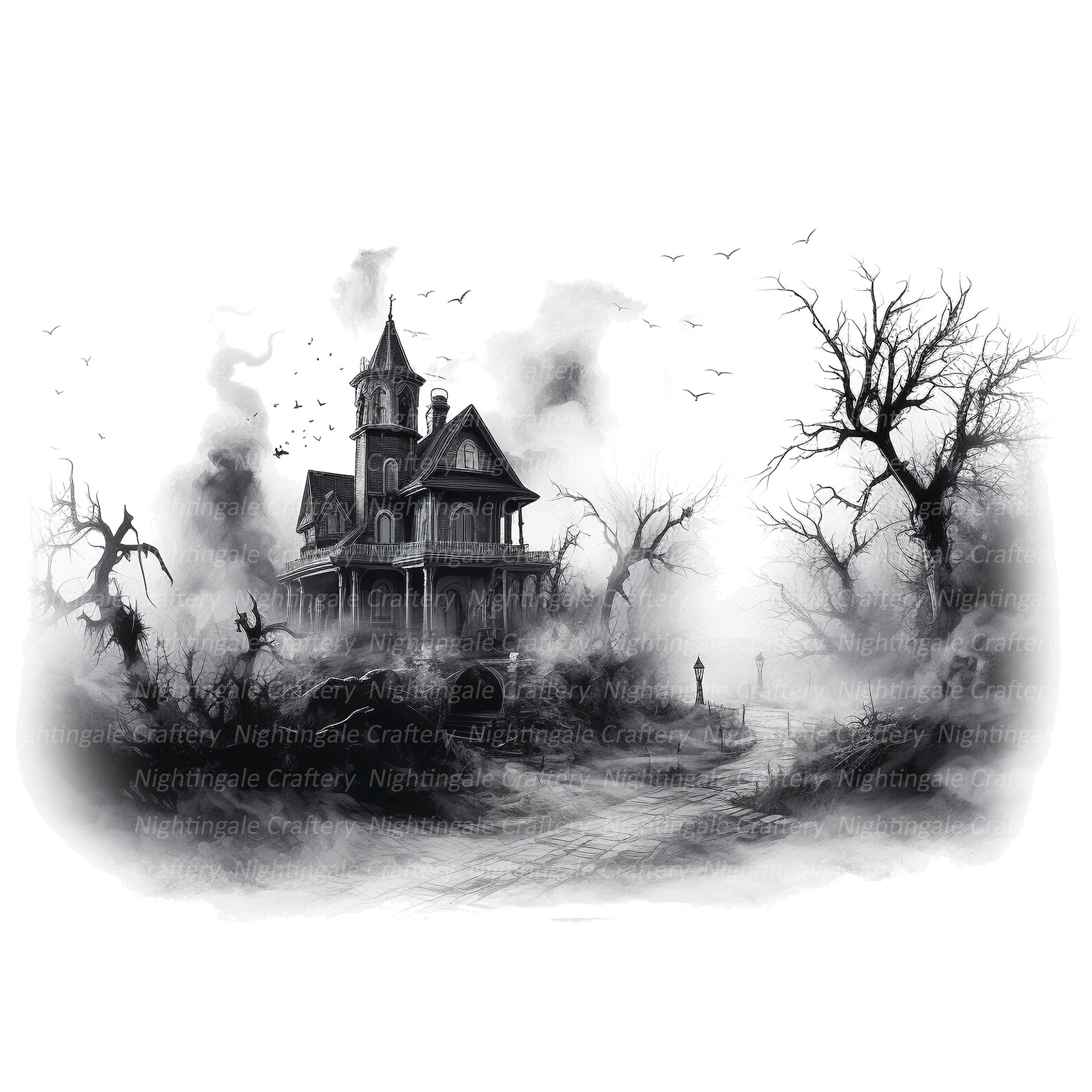 14 Haunted House Ink Art Clipart, Printable Watercolor Clipart, High ...