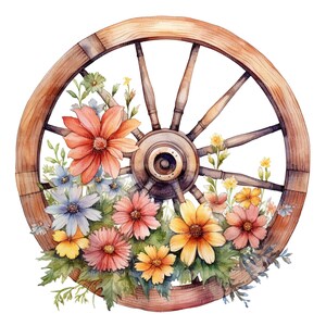 10 Floral Wheel Clipart, Wooden Wheel, Printable Watercolor Clipart ...