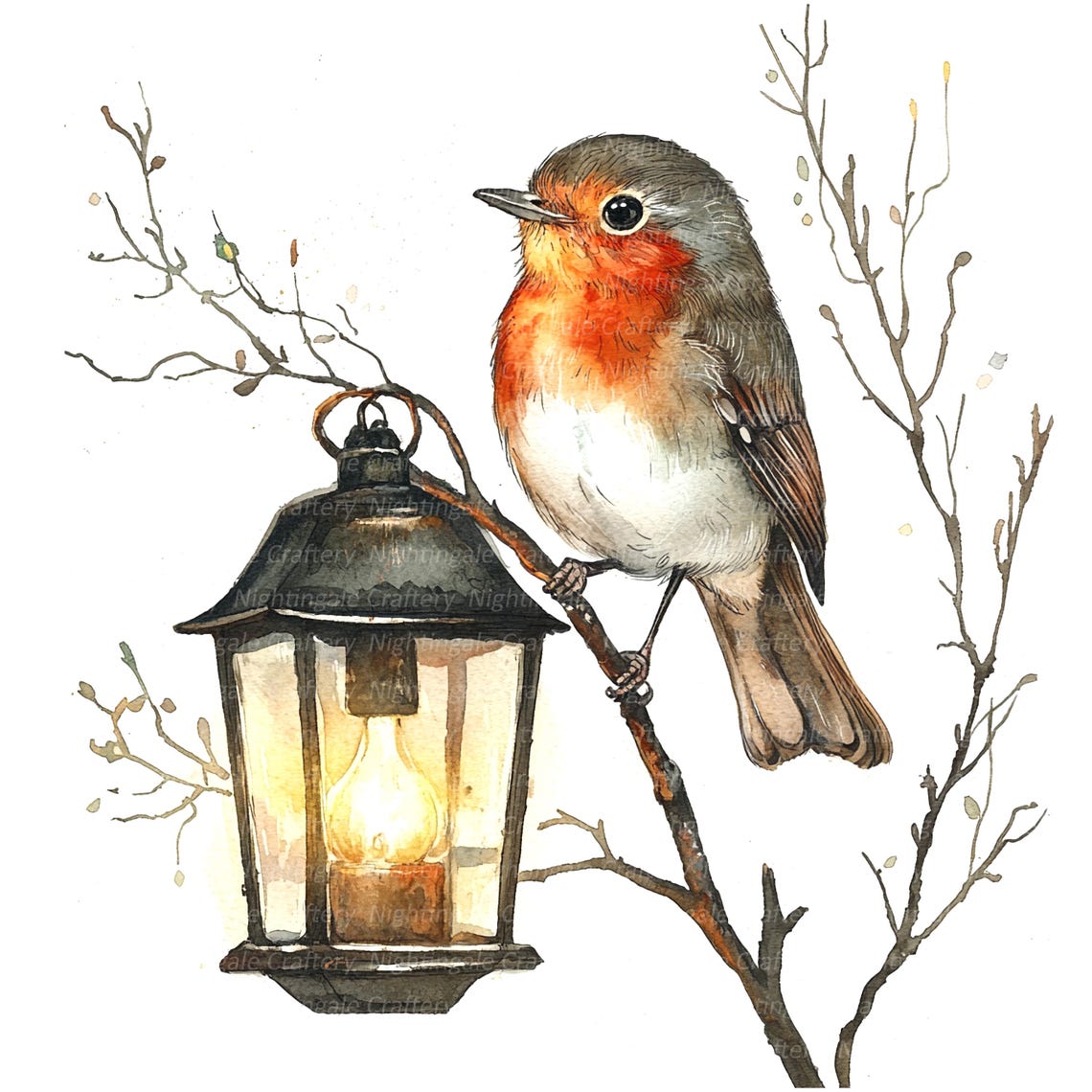 12 Robin and Lantern Clipart, Christmas Robin, Printable Watercolor ...