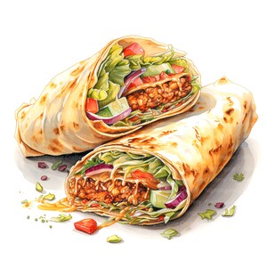 10 Tasty Wrap Clipart, Burito Tortilla Clipart, Printable Watercolor ...