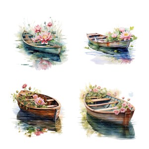 15 Floral Boat Clipart, Wooden Boat Clipart, Printable Watercolor ...
