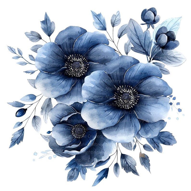 8 Navy Blue Flowers Clipart, Flowers Print, Printable Watercolor ...