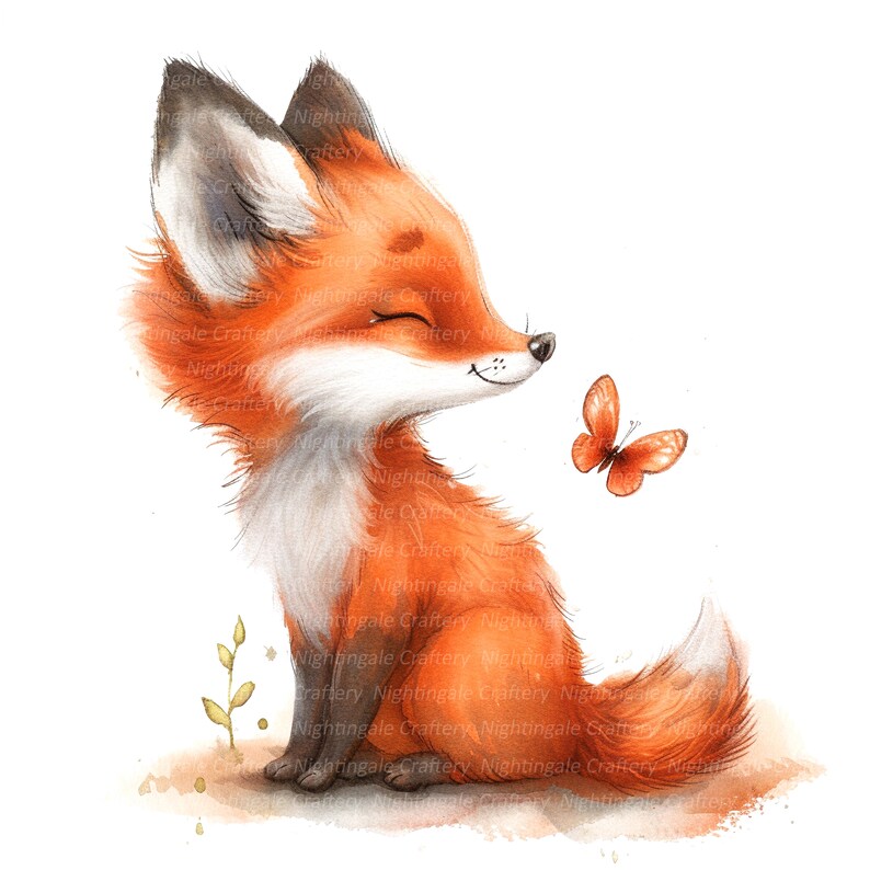 7 Fox and Butterfly Clipart, Cute Fox Baby, Printable Watercolor ...
