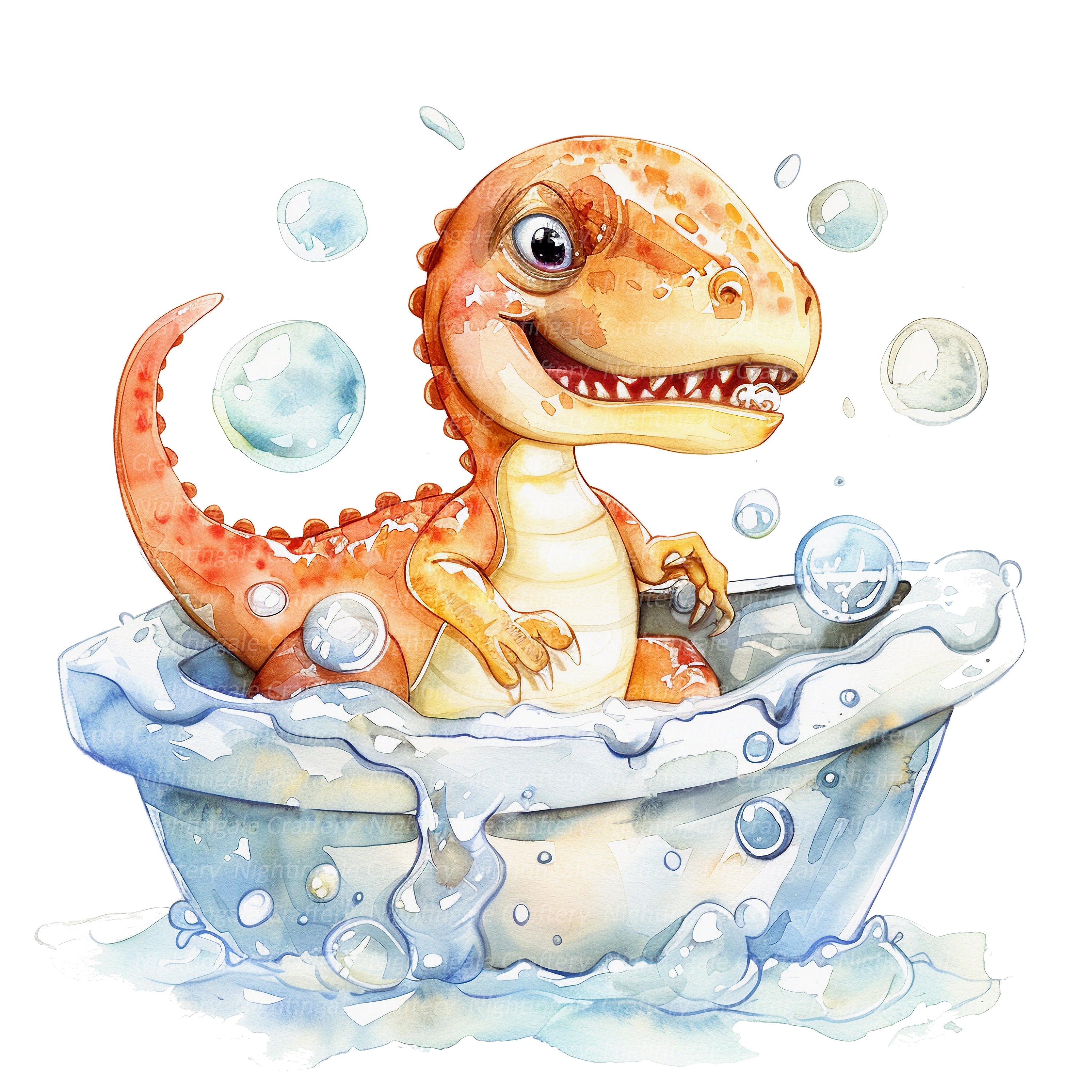 12 Cartoon Dinosaur Clipart, Dinosaur in Bath, Printable Watercolor ...