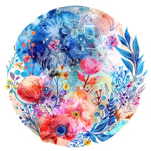 12 Floral Decor Circle Set 3, Florals, Digital Clipart, Watercolor ...