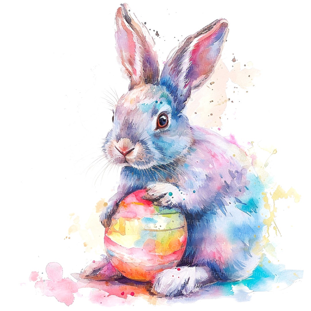 14 Easter Bunny Clipart Set 5, Bunny and Egg, Printable Watercolor ...