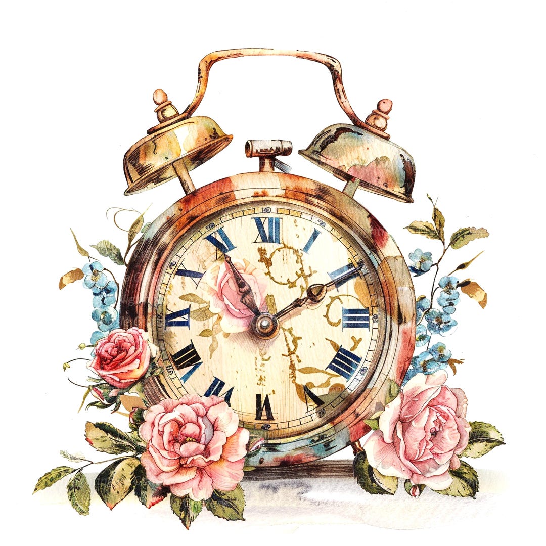12 Vintage Alarm Clock Clipart, Floral Clock, Printable Watercolor ...