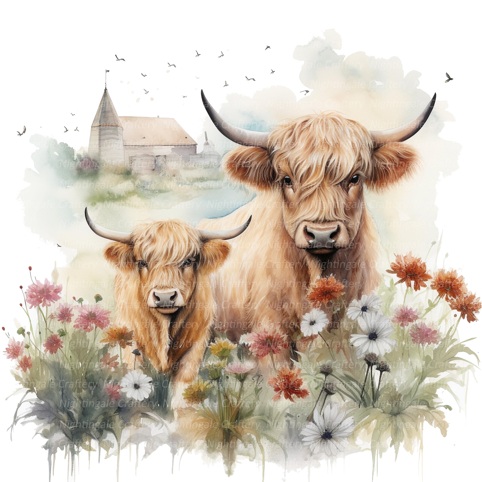 8 Highland Cow Farm Clipart, Farm Clipart, Printable Watercolor Clipart ...