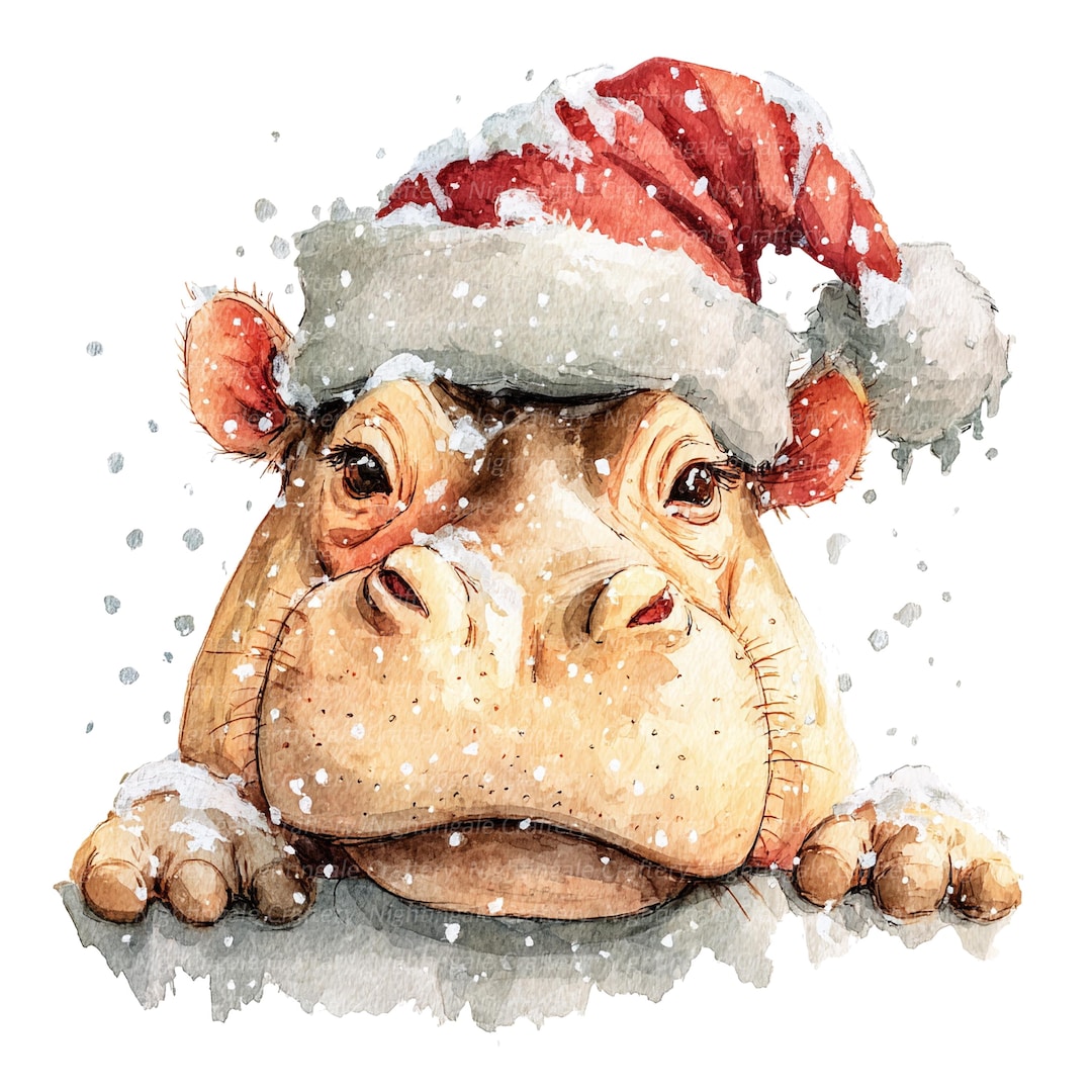7 Christmas Hippo Clipart, Funny Hippo, Printable Watercolor Clipart ...