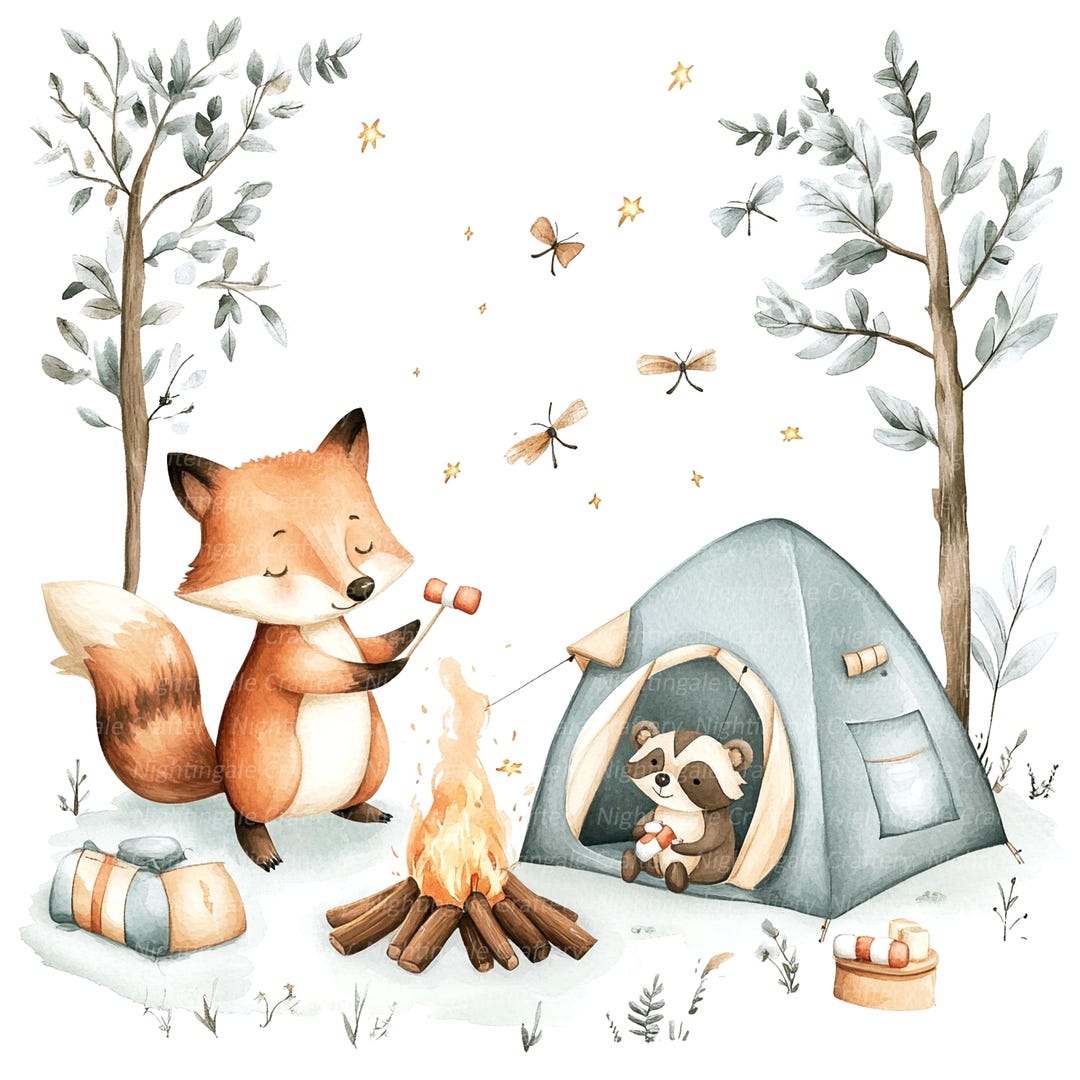 8 Animals Camping Clipart, Nursery Clipart, Printable Watercolor ...