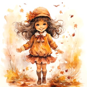 10 Little Girl in Autumn Clipart, Printable Watercolor Clipart, High ...