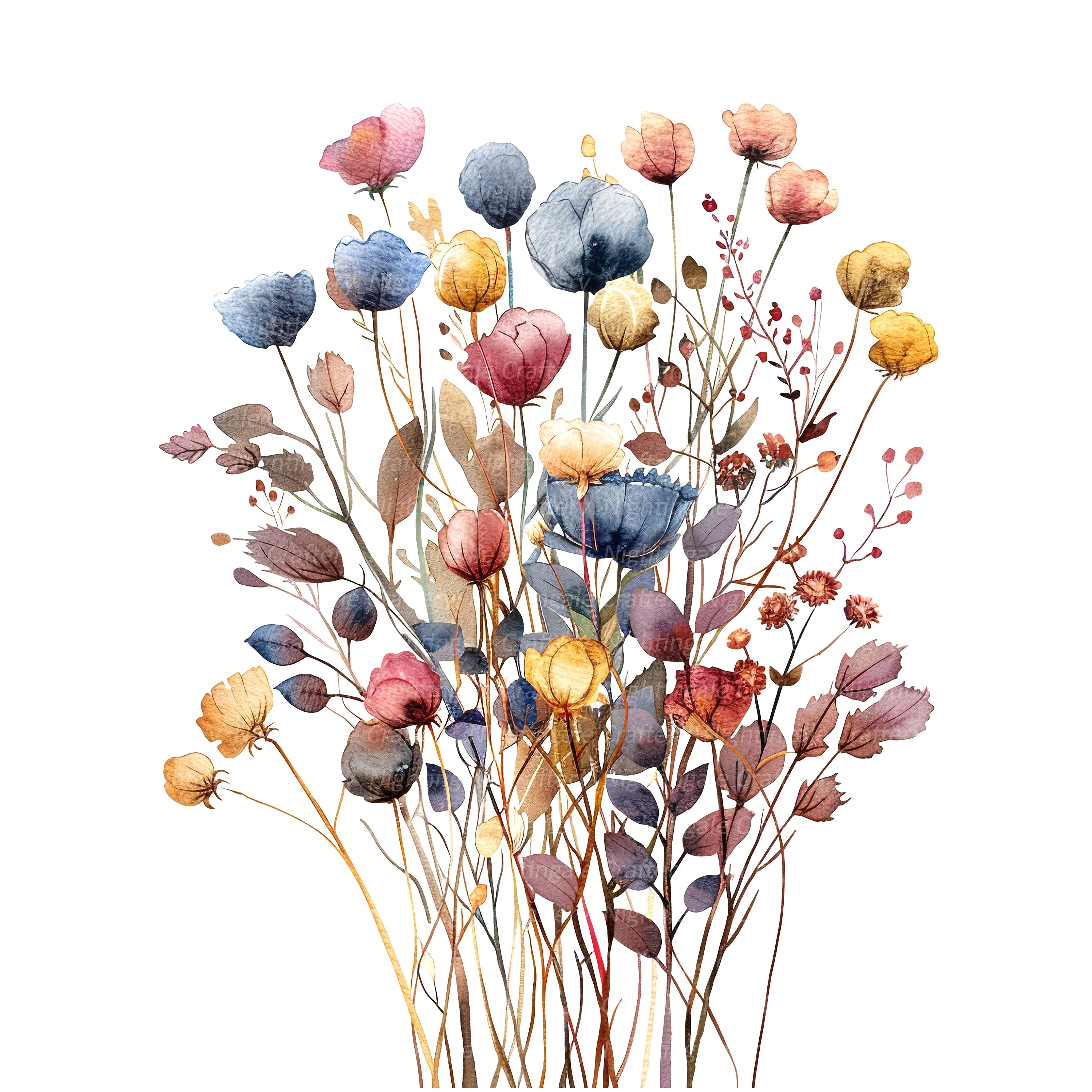 12 Boho Flowers Bouquet Clipart, Flowers Wall Art, Minimalistic ...