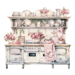 14 Vintage Floral Kitchen Clipart, Shabby Chic, Printable Watercolor ...