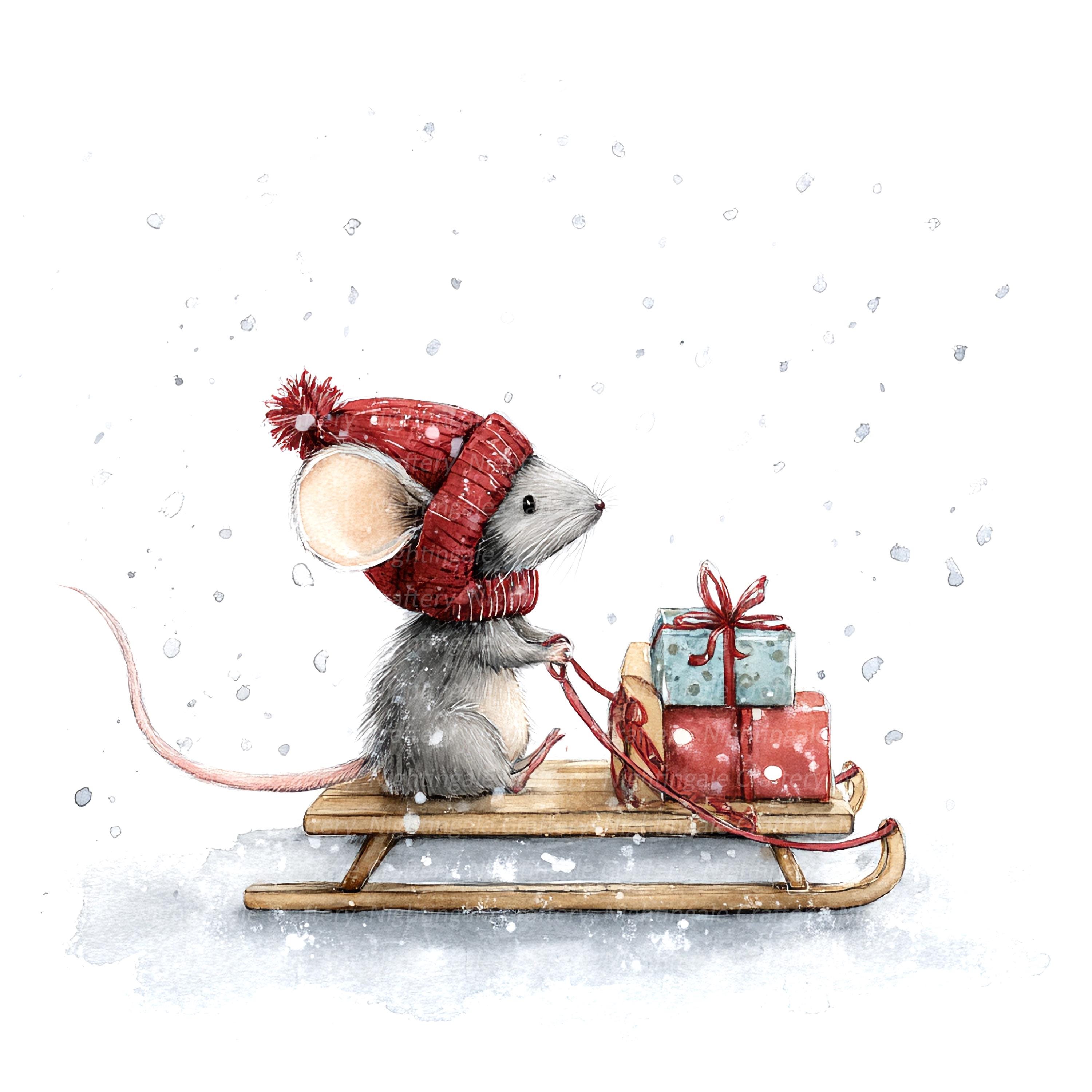 7 Christmas Mouse Clipart, Delivering Gift, Printable Watercolor ...