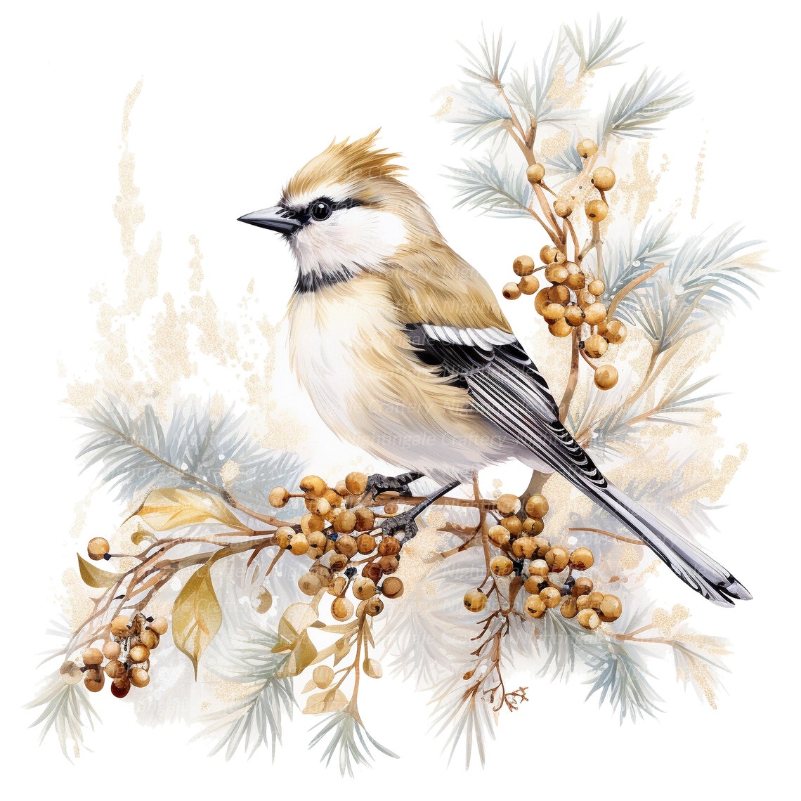 12 Christmas Birds Clipart, Gold Theme, Robin, Printable Watercolor ...