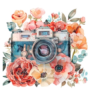10 Vintage Floral Camera Clipart Set 2, Photo, Printable Watercolor ...