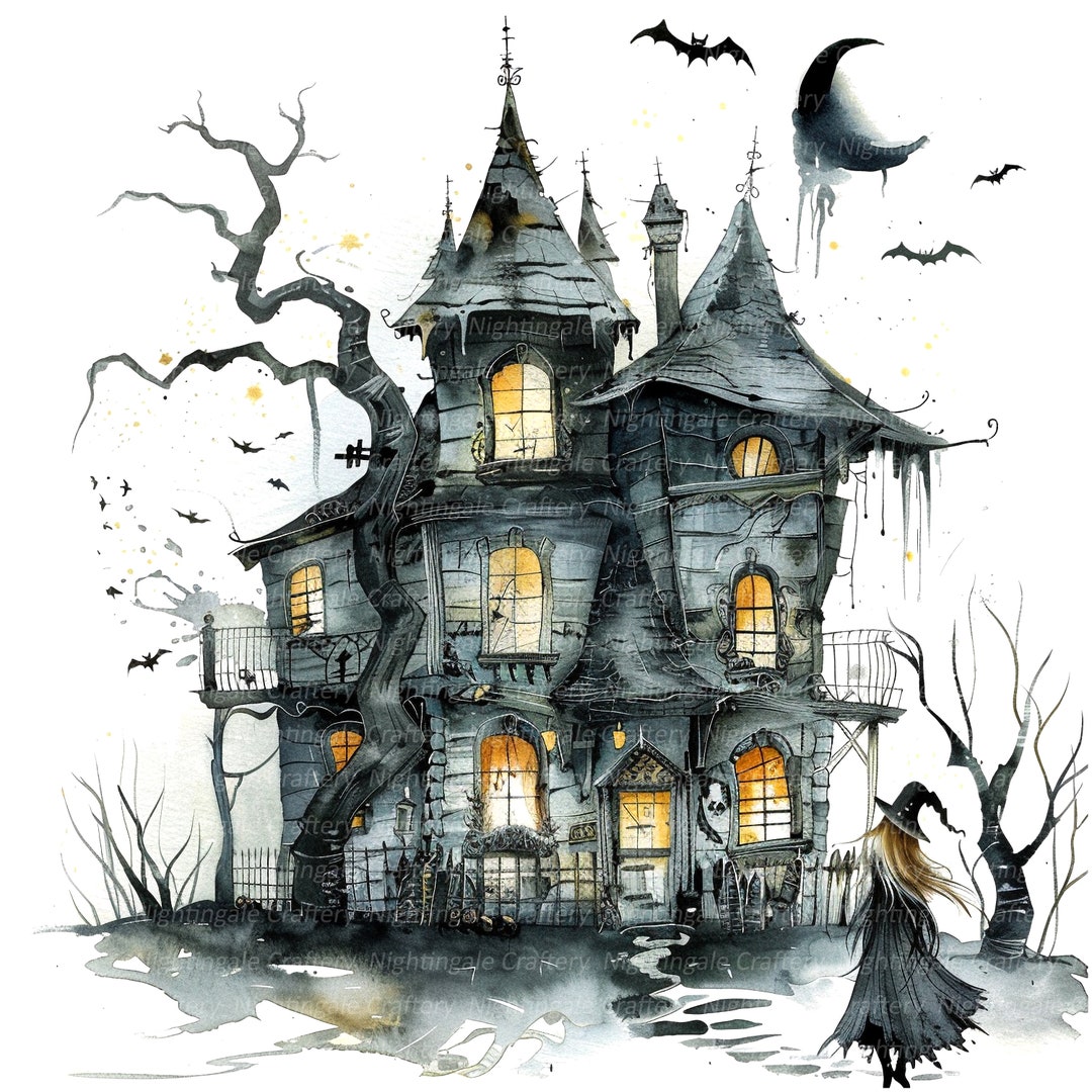 10 Haunted House Clipart, Witch House Printable, Printable Watercolor ...