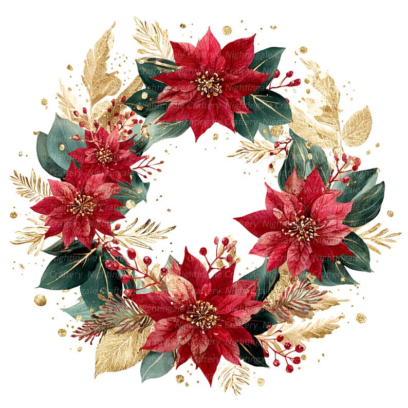 10 Christmas Wreath Clipart, Poinsettia Clipart, Digital Clipart ...