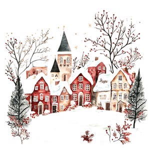 10 Christmas Village Clipart, Christmas Card Art, Printable Watercolor ...