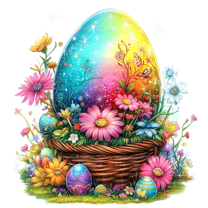 10 Easter Eggs Basket Clipart, Easter Clipart, Printable Illustration ...