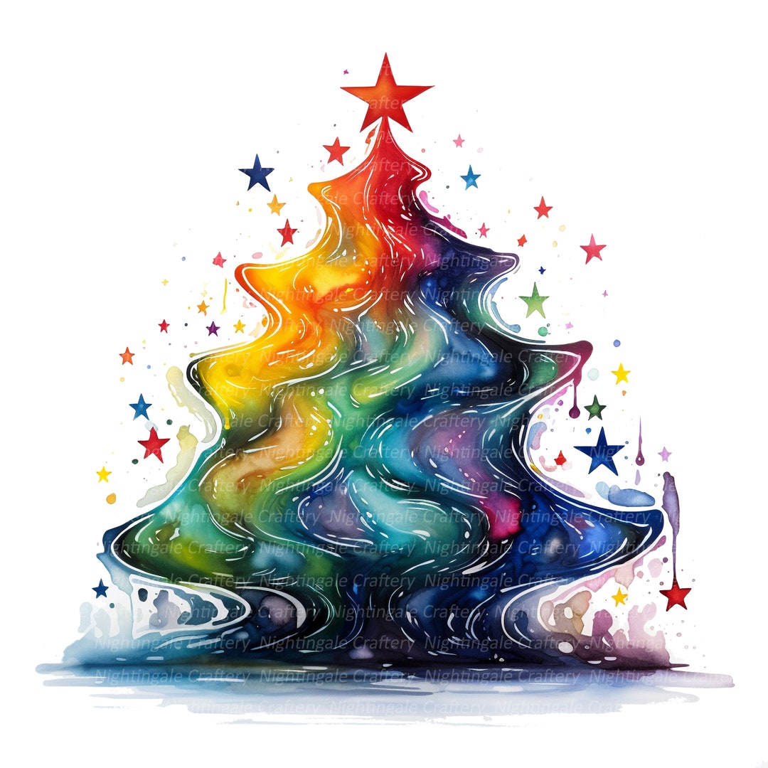 10 Abstract Christmas Tree Clipart, Rainbow, Printable Watercolor ...