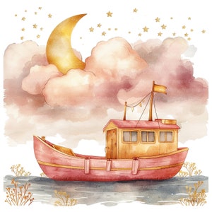 12 Nursery Clouds, Ship in Clouds Clipart, Printable Watercolor Clipart ...