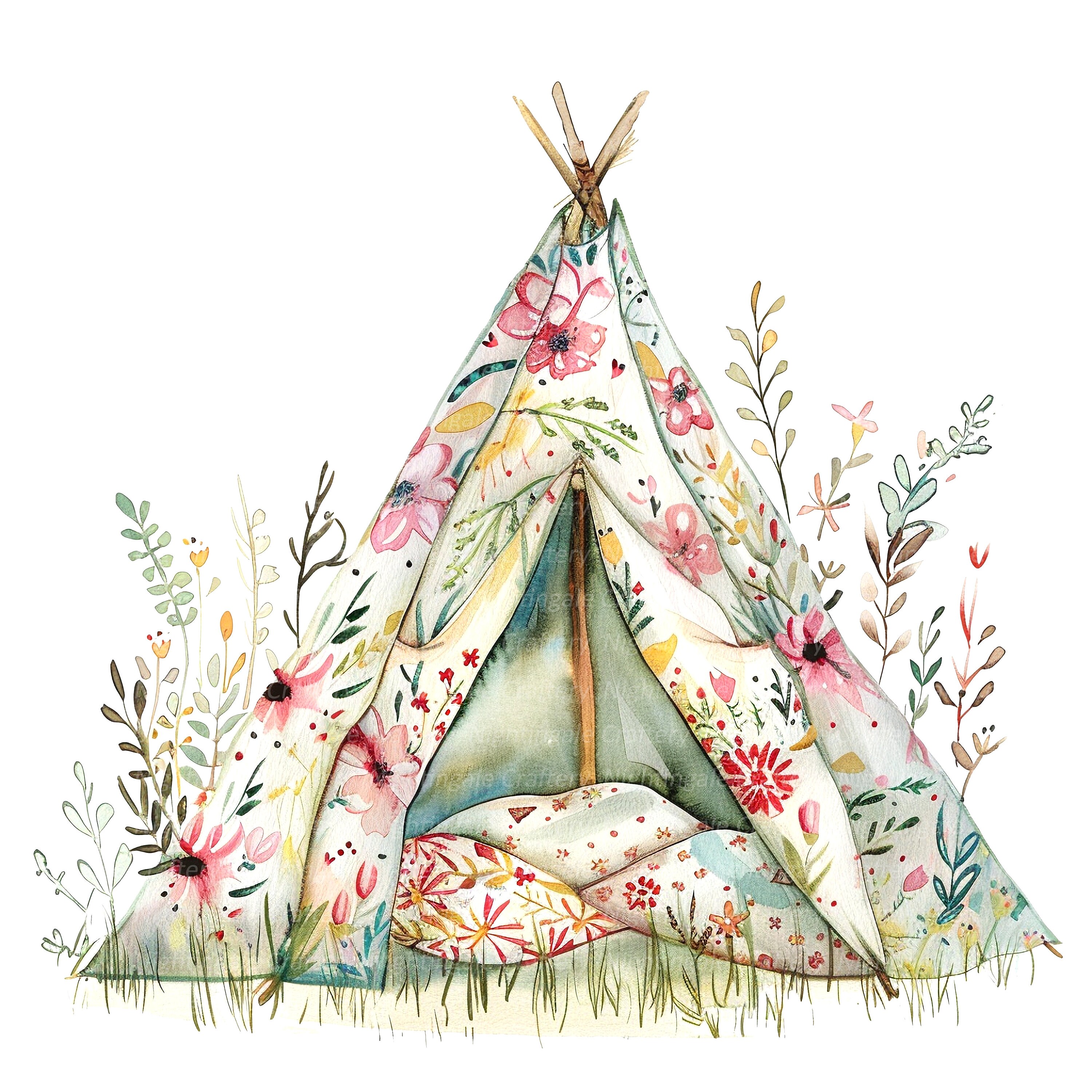12 Floral Tent Clipart, Boho Tent Clipart, Printable Watercolor Clipart ...