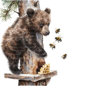 13 Bear and Bees, Bear Honey, Bear Cub Clipart, Printable Watercolor ...