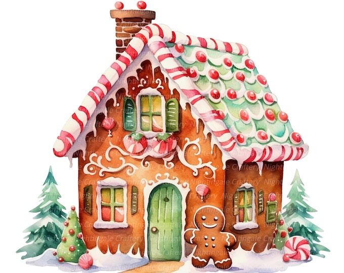 13 Gingerbread House Clipart, Gold Christmas, Watercolor Christmas Card ...