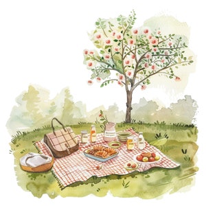11 Spring Picnic Clipart, Picnic in Park, Printable Watercolor Clipart ...