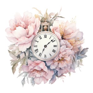 12 Floral Clock Clipart, Vintage Clock, Printable Watercolor Clipart ...