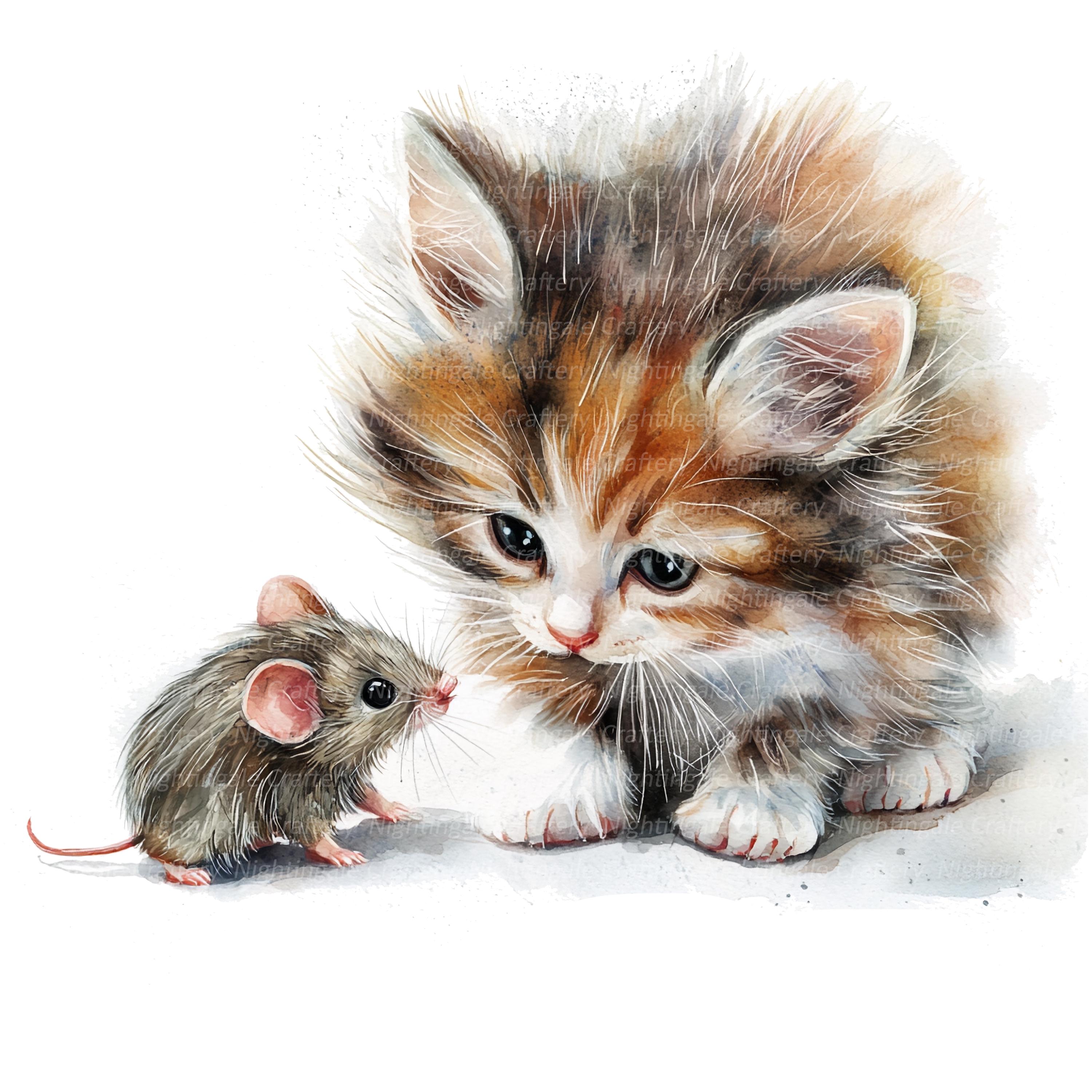10 Kitten and Mouse Clipart, Cute Cat Clipart, Printable Watercolor ...