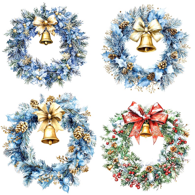 15 Christmas Wreath Clipart, Christmas Bell, Digital Clipart ...
