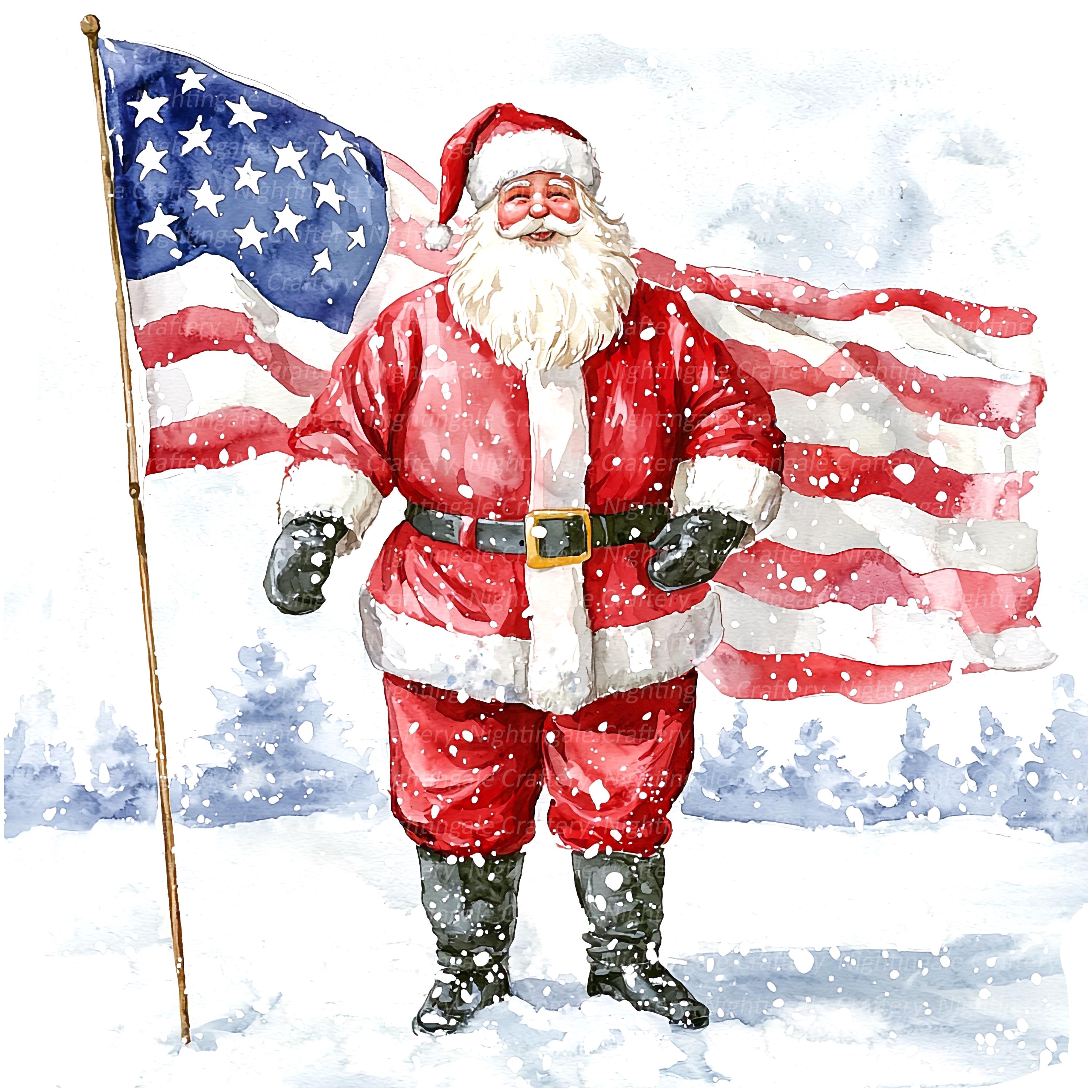 13 Patriotic Santa Claus Clipart, USA Flag, Printable Watercolor ...