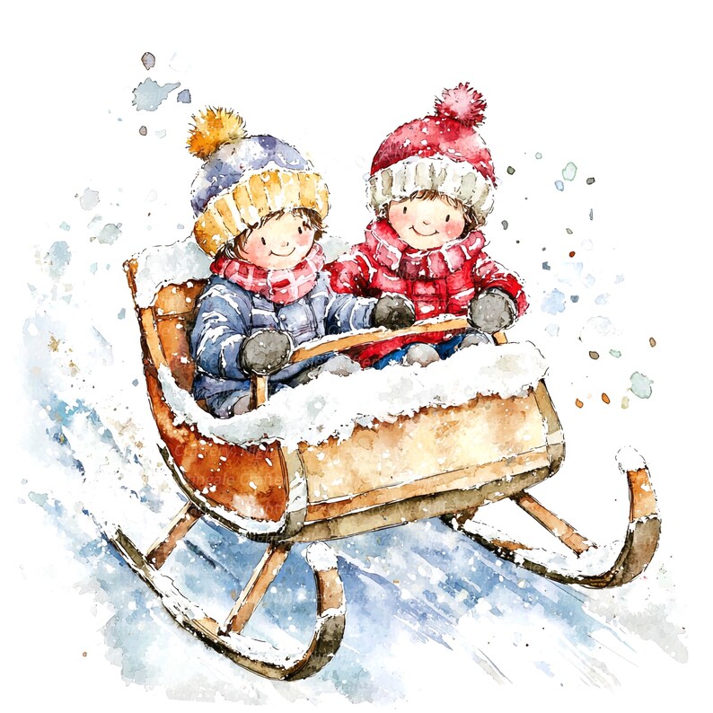 12 Kids in Sleigh Clipart, Christmas Clipart, Printable Watercolor ...