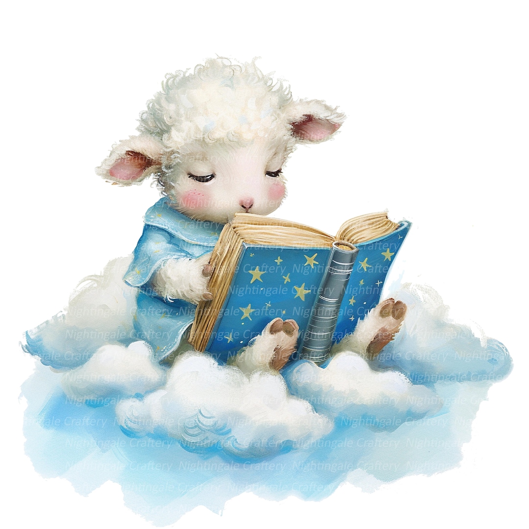 8 Lamb Reading Tale Clipart, Lamb Nursery Print, Printable Watercolor ...