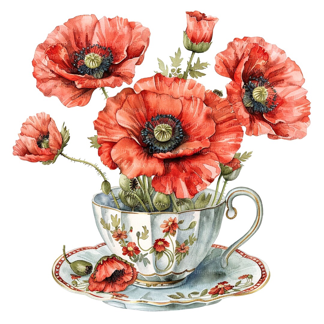 10 Poppies in Tea Cup Clipart, Floral Tea Cup, Printable Watercolor ...