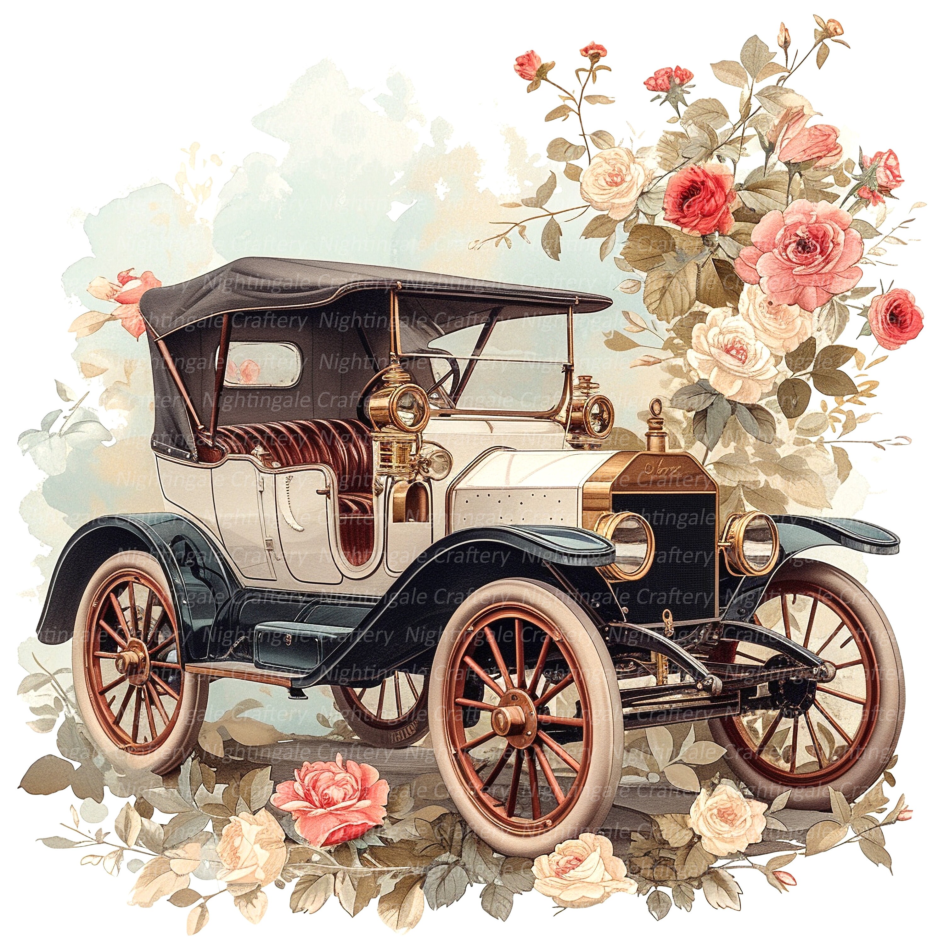 12 Victorian Car Clipart, Floral Car, Vintage, Printable Watercolor ...