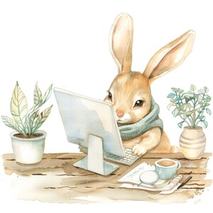 9 Bunny at Computer Clipart, Bunny Clipart, Printable Watercolor ...