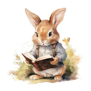 12 Bunny Reading Book Clipart, Bunny Clipart, Printable Watercolor ...