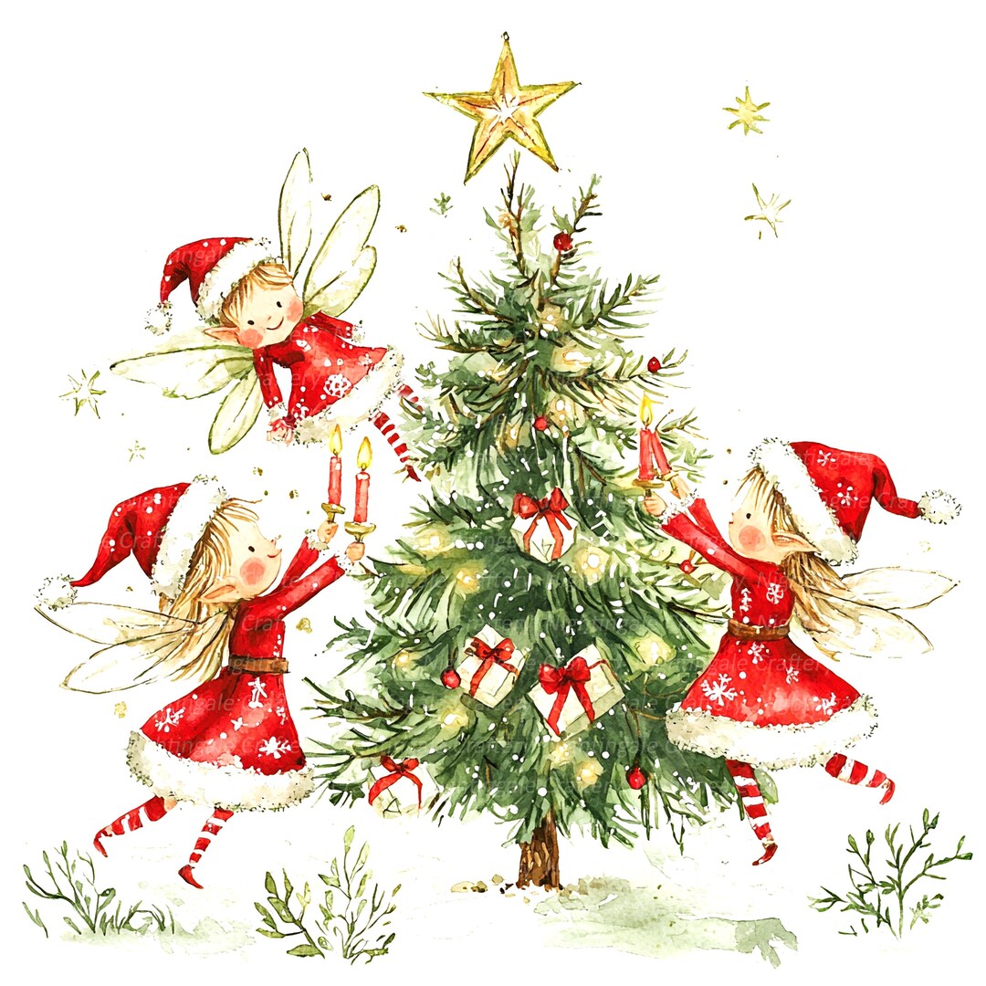 10 Fairy Christmas Tree Clipart, Fairies, Printable Watercolor Clipart ...